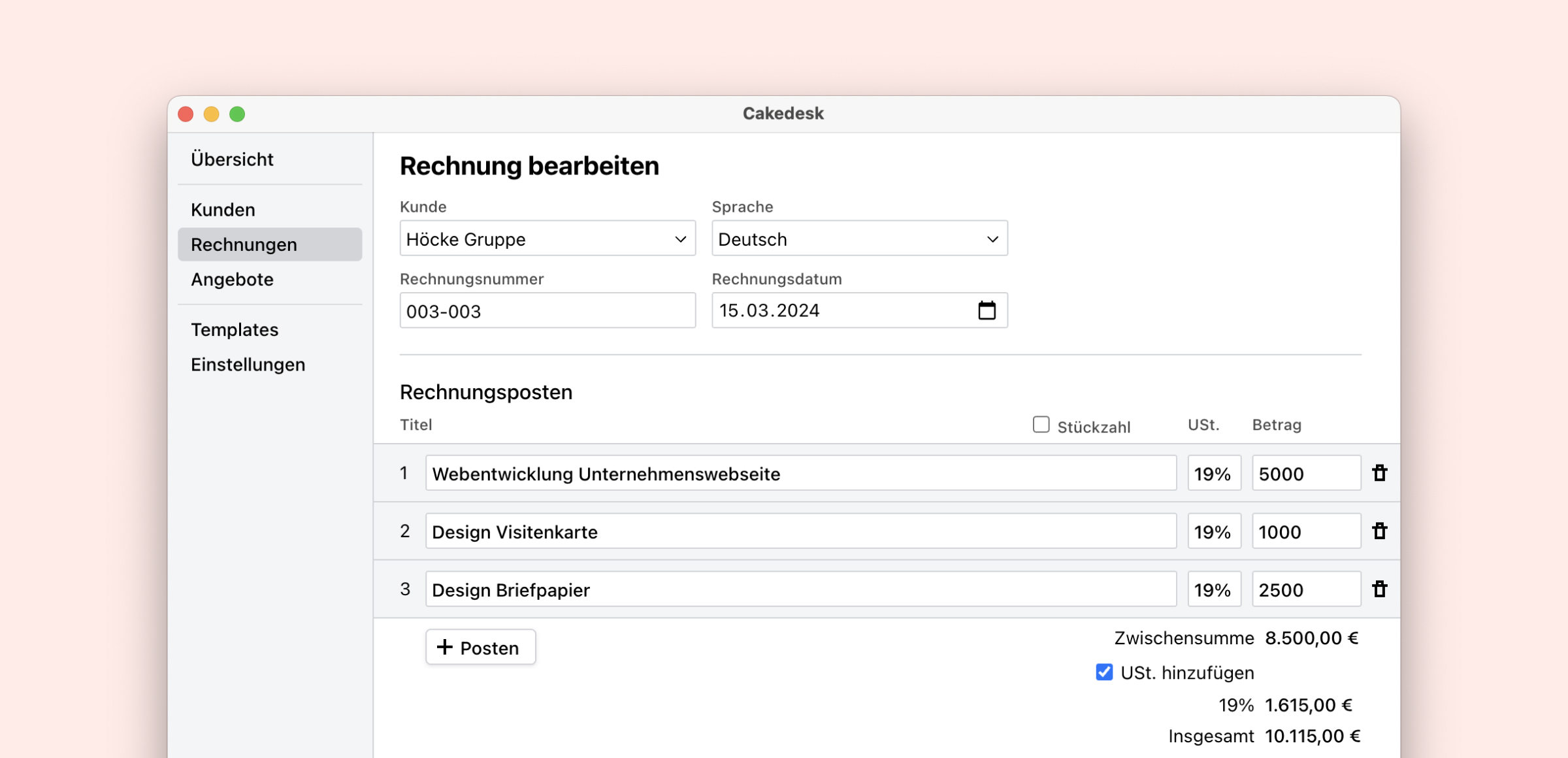 Rechnungsprogramm für Mac – Cakedesk