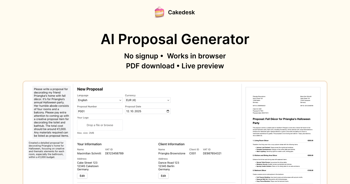 Generate proposal online with AI: fast, easy & free – Cakedesk